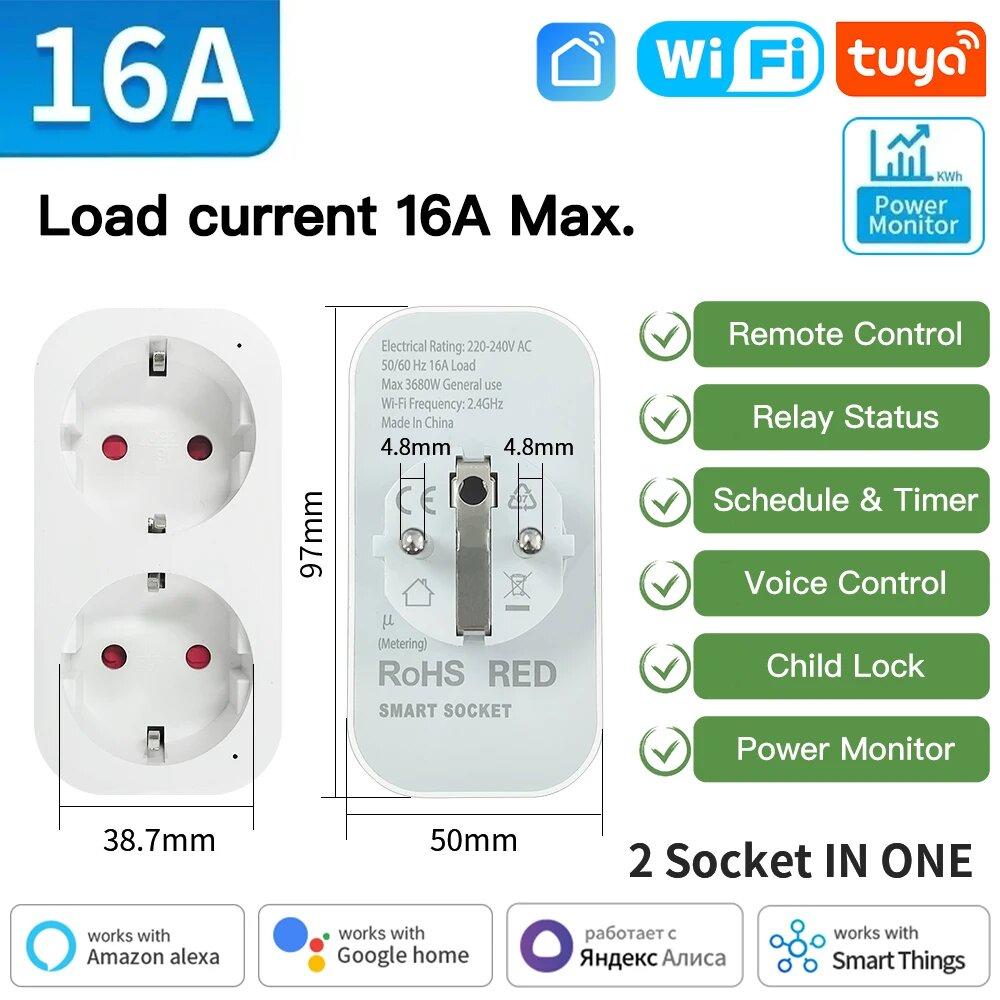 Умная розетка TNCE Tuya Wi-Fi/Zigbee wifi 2socket 16A