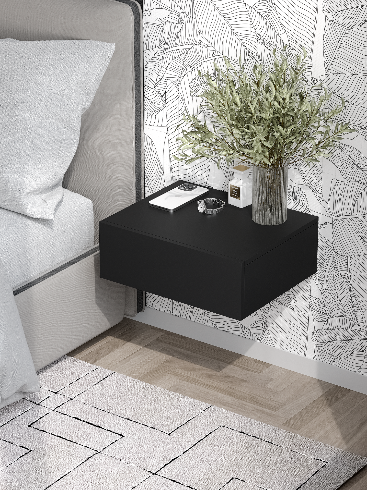 Тумба прикроватная подвесная черная, ящик с доводчиком, 42х35х15 см