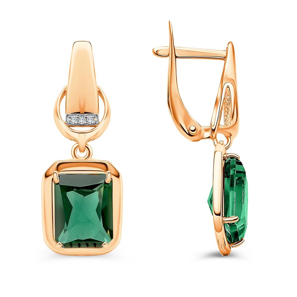 Серьги, красное золото, 585 проба, родирование, фианит, турмалин синтетический