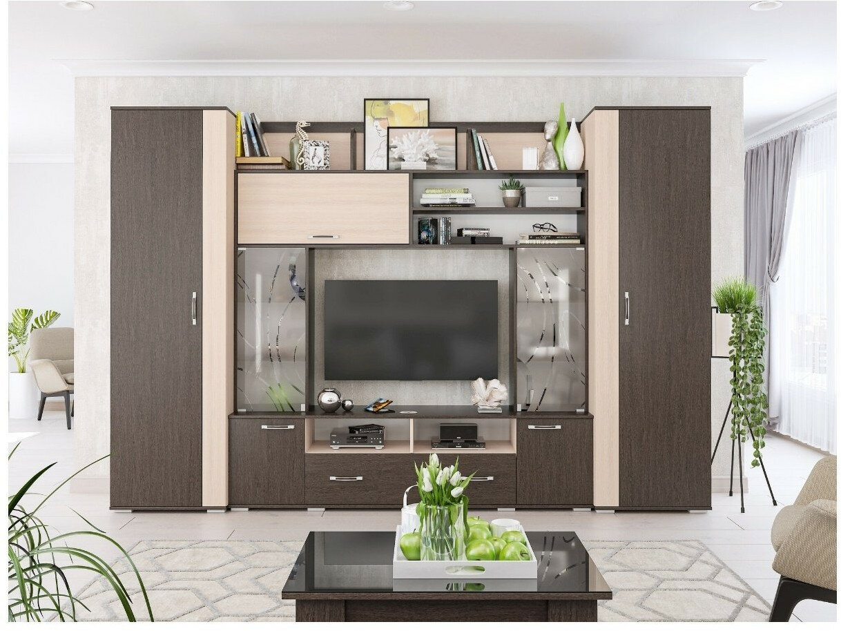 Гостиная в современном стиле, набор 1, с местами для хранения, Венге/Дуб молочный
