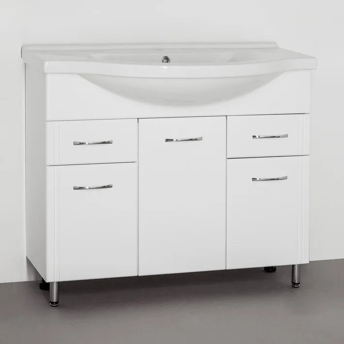 Тумба с раковиной Style Line Эко Стандарт №26 100 напольная, 99 см, белая, глянцевая, с ящиками, с дверками, раковина для ванной фаянсовая, прямоугольная