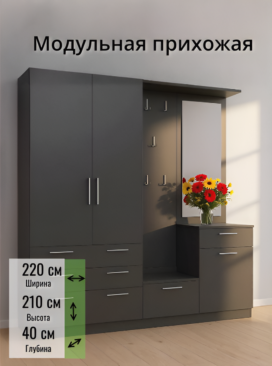 Прихожая Салют комплект, модульная, размер: 220x40x210 см, цвет: графит/графит