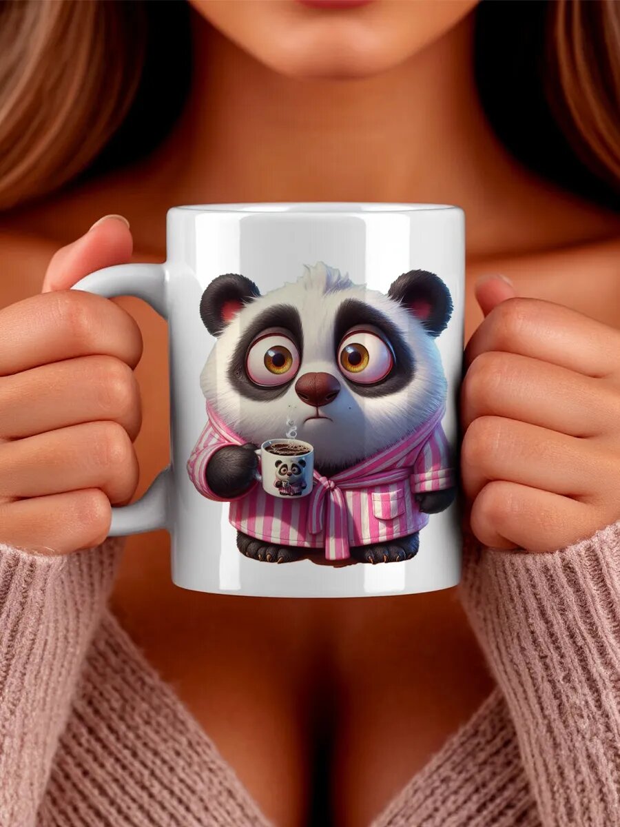 Кружка для чая и кофе "Панда с кружкой кофе", керамика, белая. 330мл.