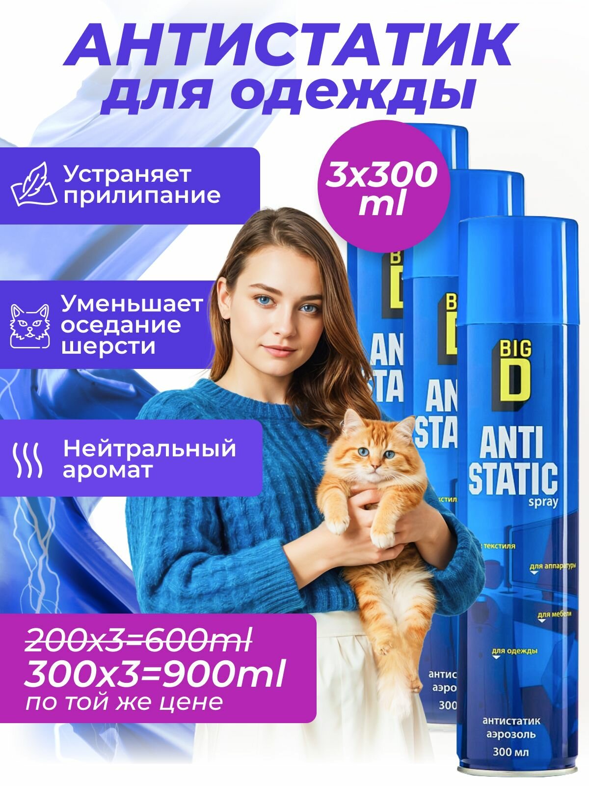 Набор 3 шт. 900 мл. Антистатик для одежды в аэрозоль Big D, универсальный для всех типов одежды, для