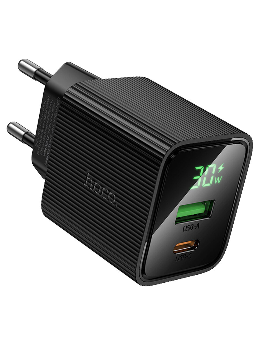 Сетевое зарядное устройство USB/Type-C Hoco CS84A (30W, QC3.0, PD, 2 порта, LCD) (черное)