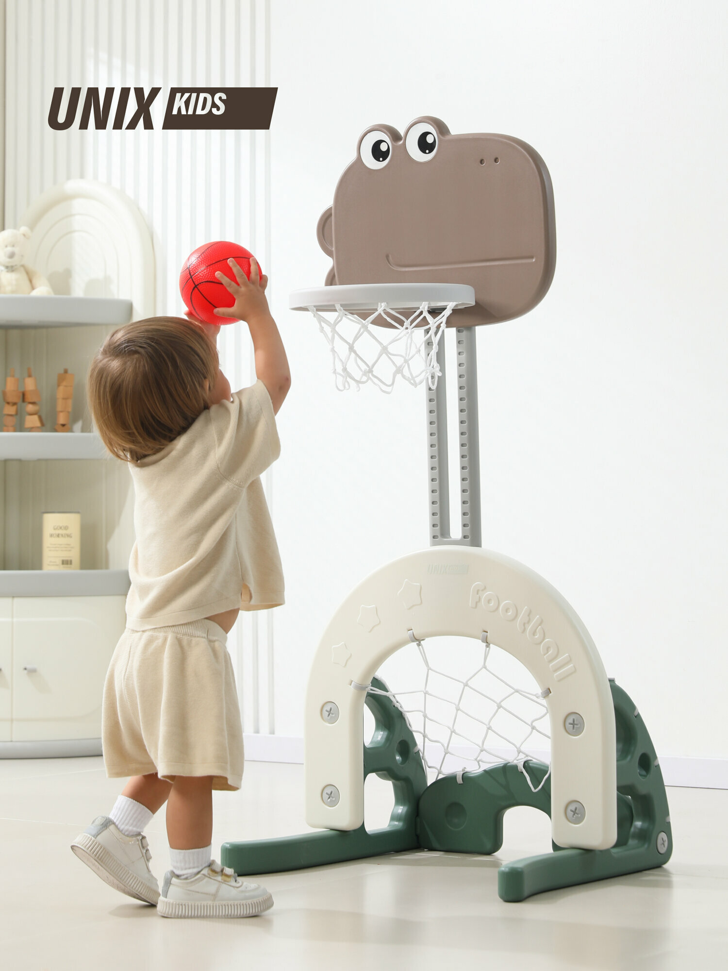 Игровой комплекс UNIX Kids Dino (3 в 1) для дома и улицы: баскетбольная стойка, хоккейные ворота, футбольные ворота