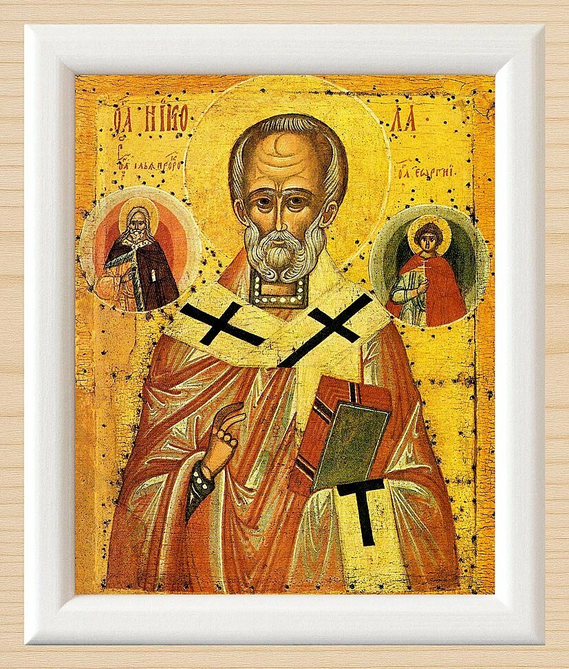 Николай Чудотворец с Илией Пророком и Георгием Победоносцем, XV - XVI вв, икона в белой деревянной рамке 17,5*20,5 см