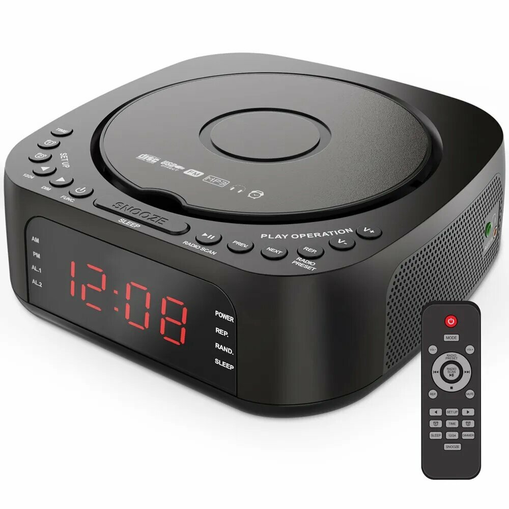 Будильник CD-плеера с дистанционным управлением, CD, MP3, Bluetooth, FM-радио с динамиками, зарядным устройством USB и регулируемым дисплеем для двойной сигнализации спальни с опциональным звуком.