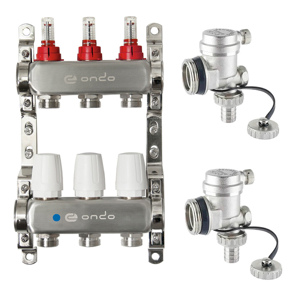 Коллекторная группа ONDO 3 выхода с расходомерами, термостатическими клапанами и двумя концевыми элементами с автоматическим воздухоотводчиком