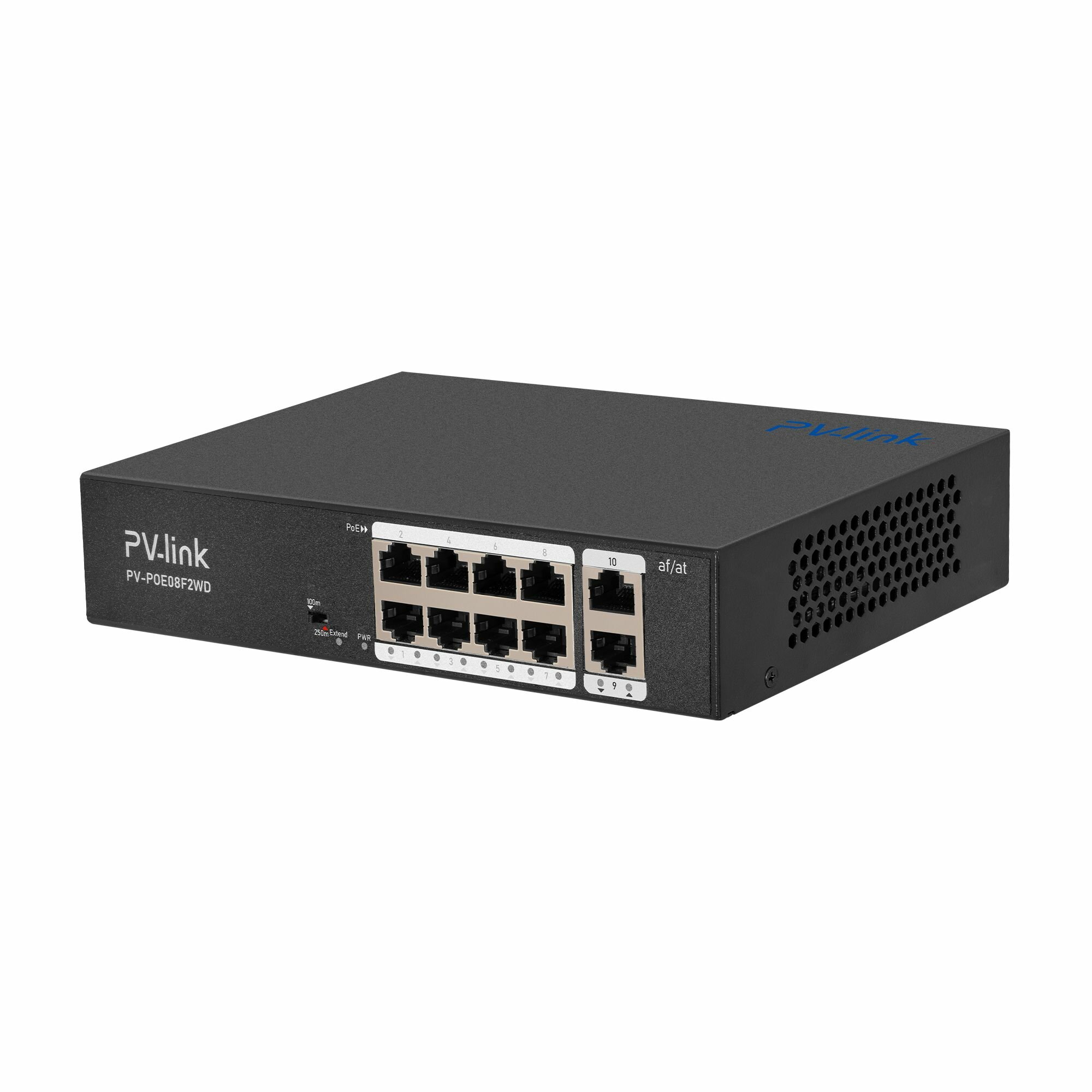 Коммутатор PoE PV-link PV-POE08F2WD, 8xPoE, 2xUplink, 250 м, Watchdog, для систем видеонаблюдения