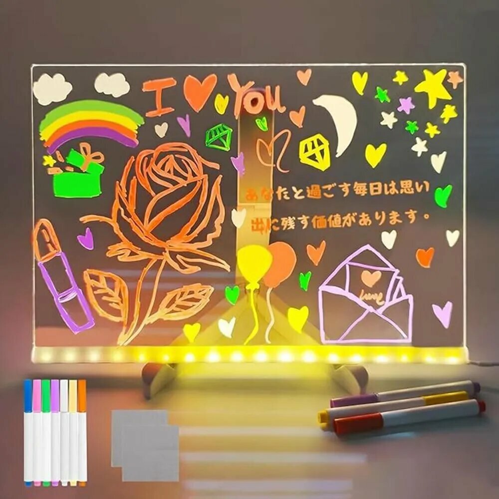 Светящаяся волшебная доска, Настольная лампа, Детский ночник для сна, доска для рисования для детей, 300х200 мм, в комплекте 7 шт. фломастеров, Подарок для девочки, для дети