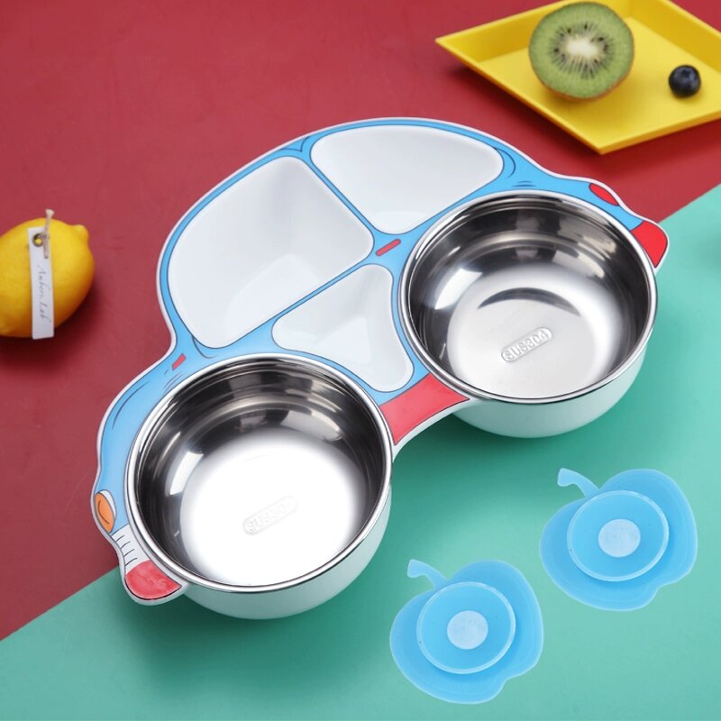 Детская тарелка для ужина, разделенная на секции, из нержавеющей стали, с защитой от падения, с рисунками, миска и