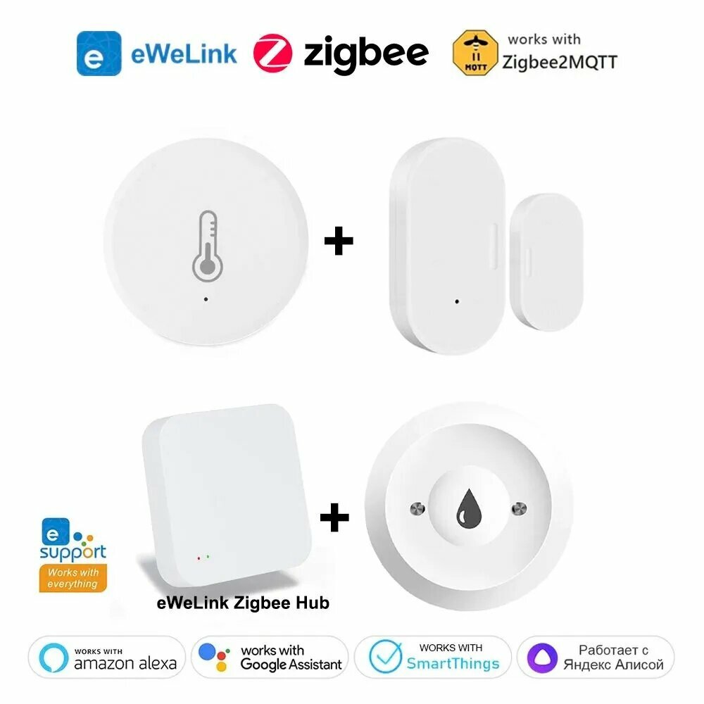 Умный датчик Zigbee с Алисой, Ewelink шлюз zigbee / датчик протечки воды / температуры и влажности / открытия дверей и окон