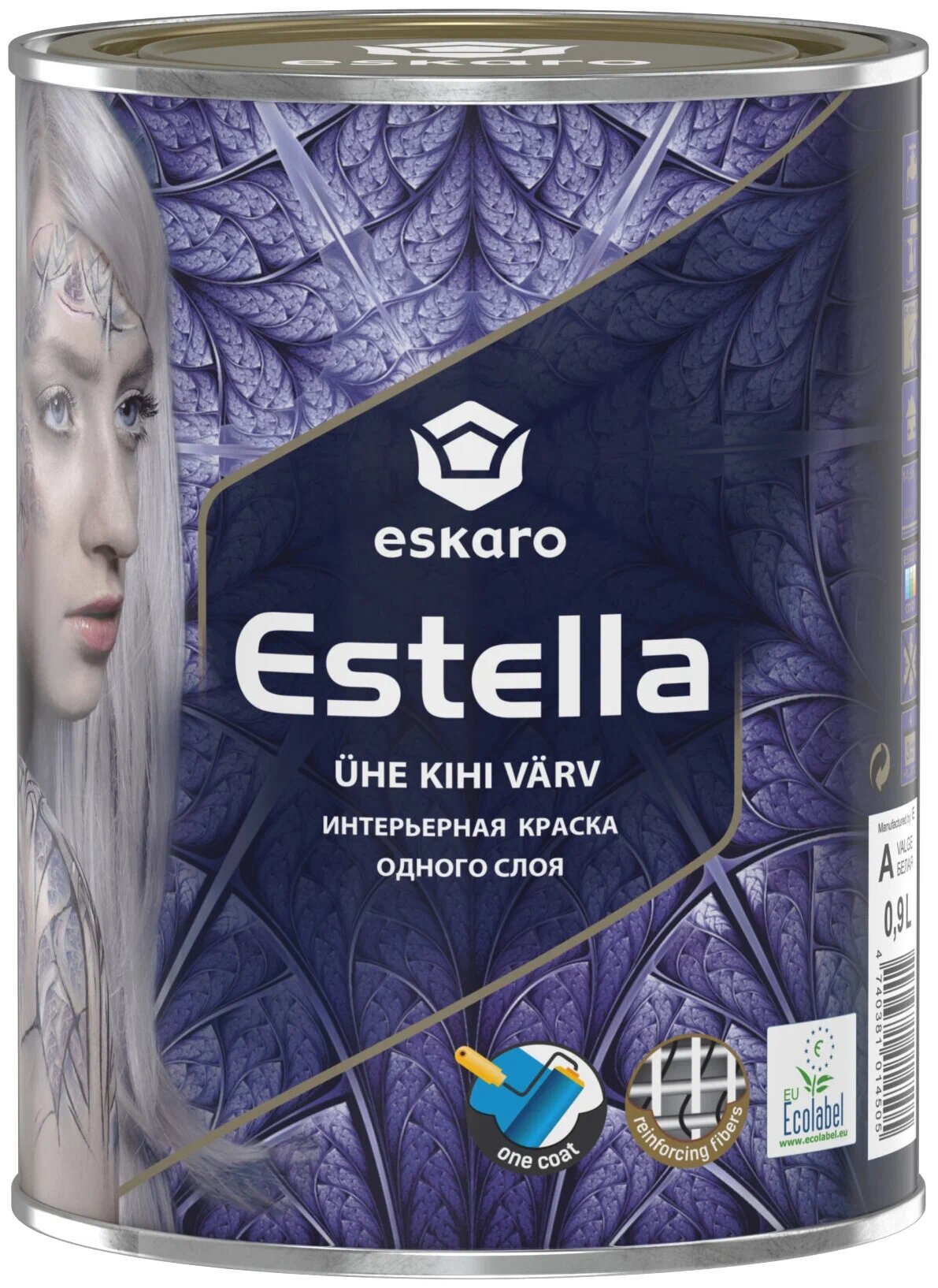 Краска ESKARO Estella одного слоя высокоукрывистая глубокоматовая для стен и потолков, Белая 0,9л