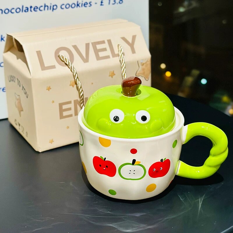 Симпатичная керамическая кружка в виде яблока с крышкой, ложкой, красивая кофейная чашка для девочек, забавная