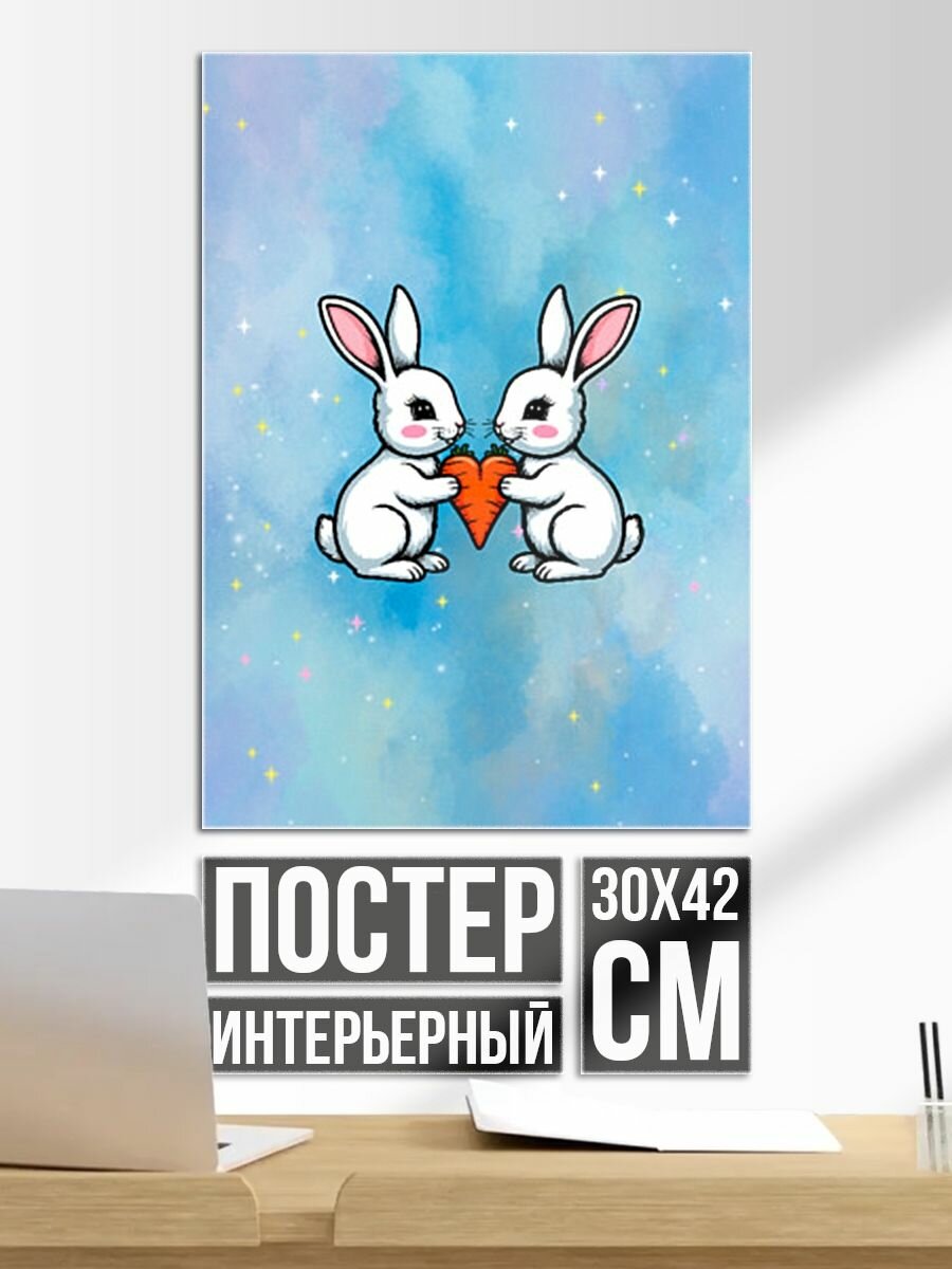 Постер на стену Милые зайчата с морковкой