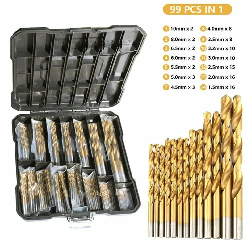 Набор титановых спиральных сверл, 99 шт, обычные наконечники против ходьбы, высокоскоростные стальные сверла из быстрорежущей стали, набор