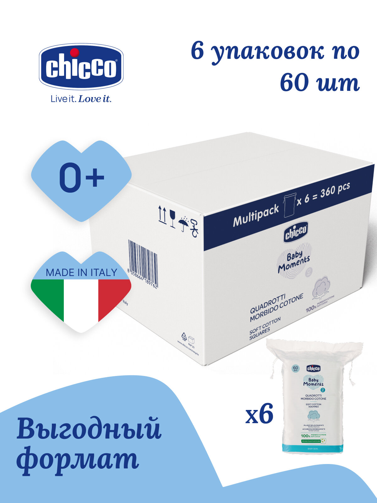 Ватные диски для новорожденных Chicco Baby Moments, 360 шт хлопок