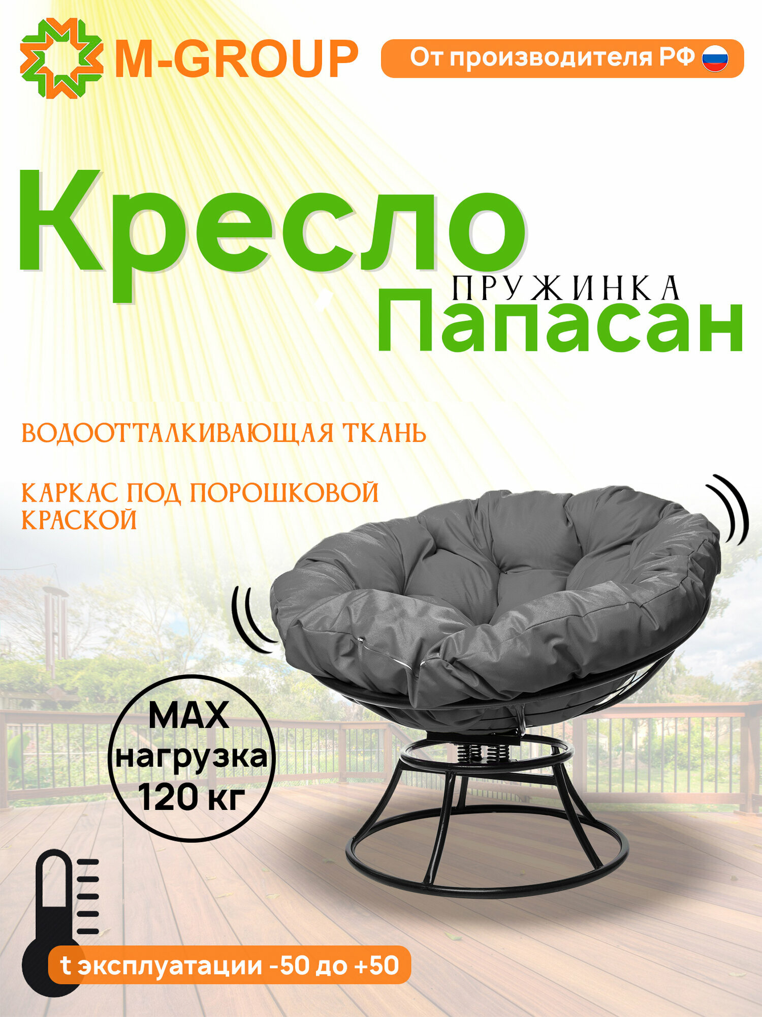 Кресло папасан пружинка без ротанга чёрное, серая