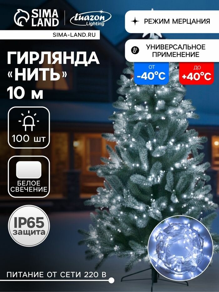 Гирлянда Luazon Lighting белая каучуковая нить, 10 м, IP65, УМС, 100 LED, свечение белое, мерцание, 220 В