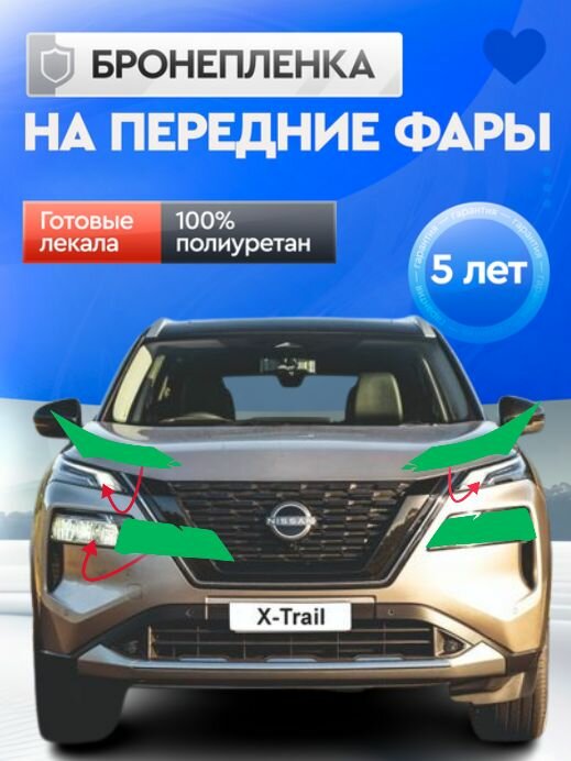 Бронепленка для фар на автомобиль Nissan X-Trail 4 поколение T33, полиуретановая пленка для фар авто