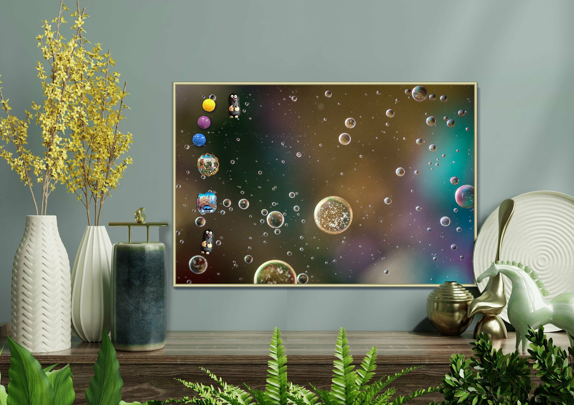 Магнитная настенная доска АртБорд "Гравитация Фьюжн" полимерная для хранения магнитов, с горизонтальным и вертикальным креплением, для дома и офиса, в тонком алюминиевом багете, 60х40 см