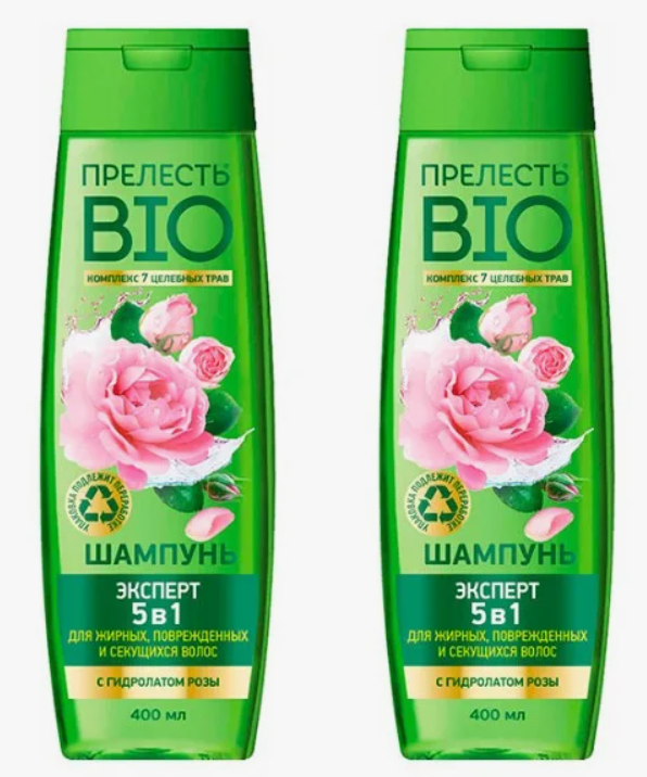 Шампунь Прелесть Био 5в1 с гидролатом розы, для поврежденных и секущихся волос, 400 мл, 2 шт.