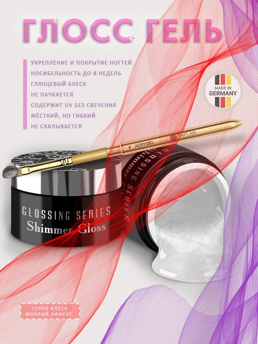 Nail Club Перламутровый топ-гель для ногтей Shimmer Gloss, 15 мл