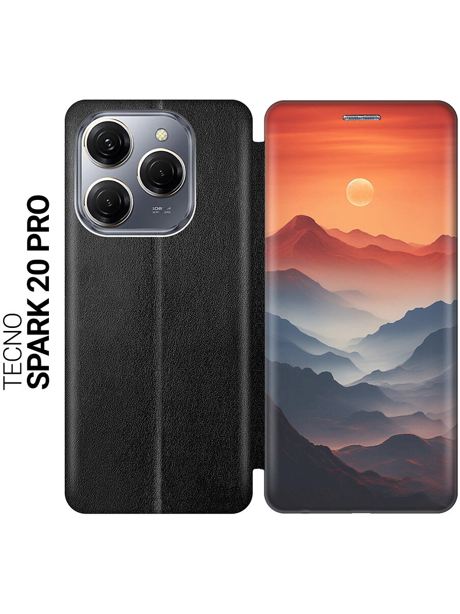 Чехол-книжка на Tecno Spark 20 Pro с принтом "Луна над горами" черный