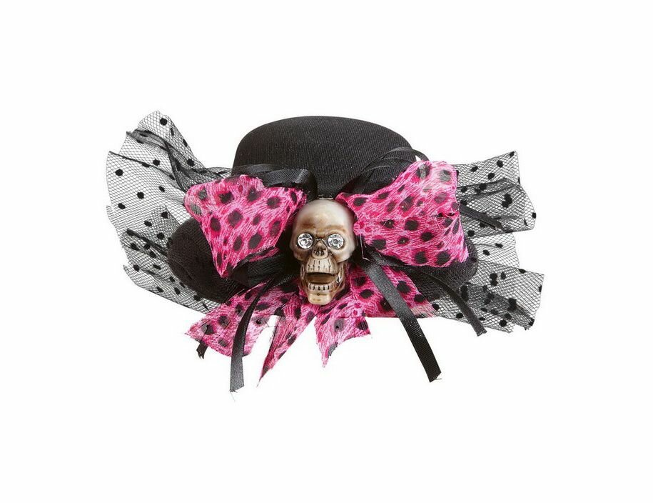 Мини шляпка WIDMANN "Череп с бантом", текстиль/пластик, черная, длина 13см, унисекс