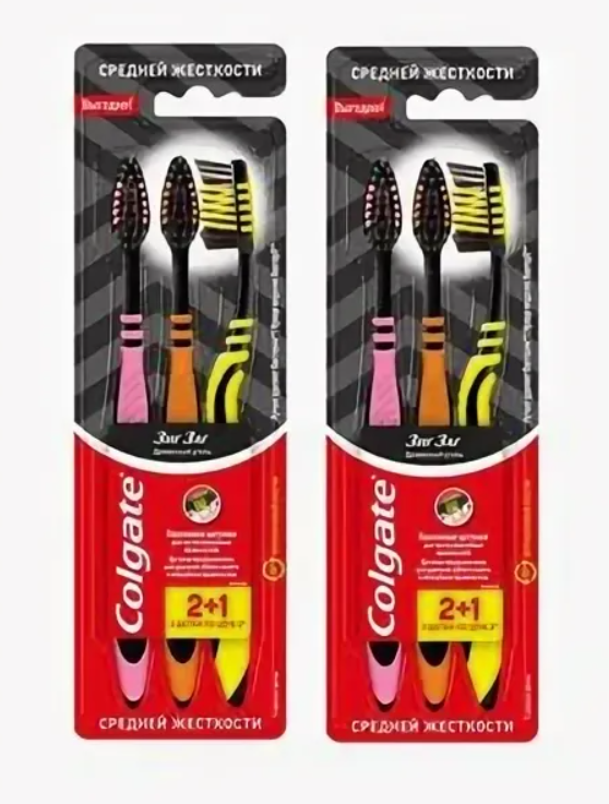 Зубная щетка Colgate, 2+1, Zig Zag с древесным углем, средней жесткости, 2 комплекта