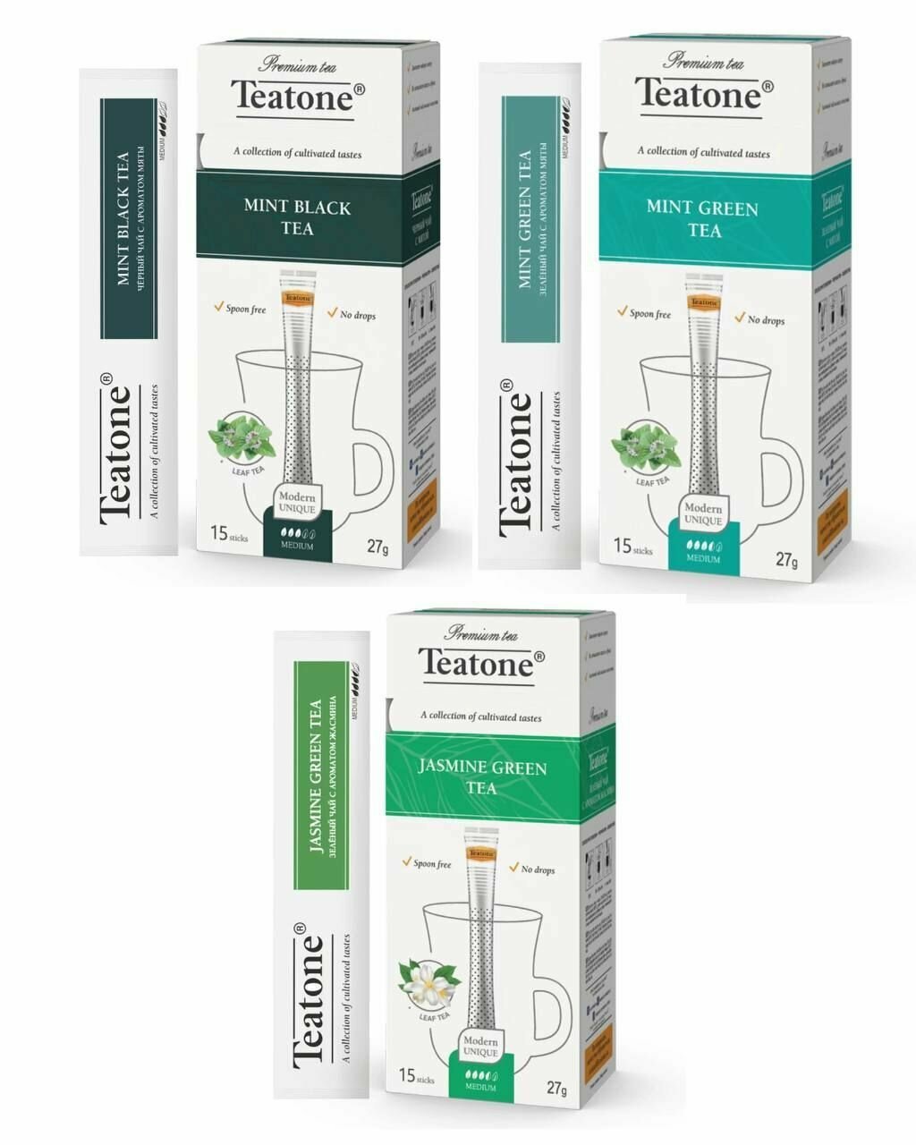 Чай черный Мята/зеленый чай Жасмин/зеленый чай Мята Teatone, 3 шт по 15 стиков