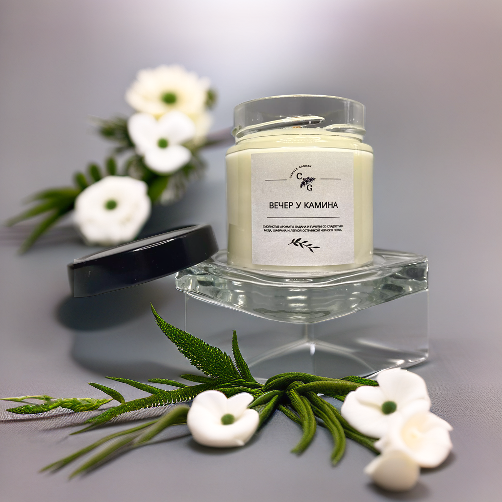 Свеча ароматическая CANDLE GARDEN "Вечер у камина" с деревянным фитилем 200 мл