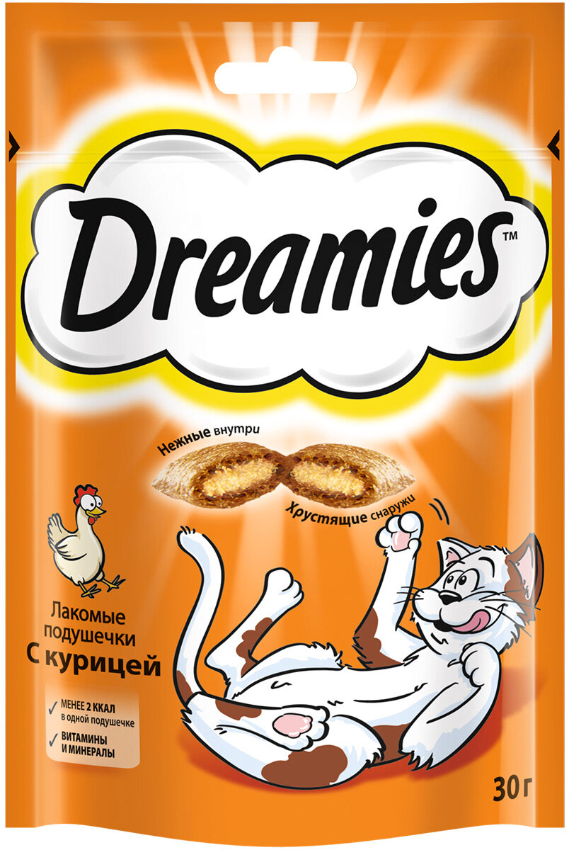 Лакомство DREAMIES для кошек подушечки с курицей 30 гр