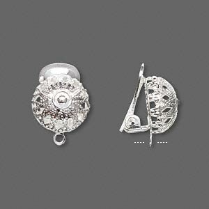 Основы под клипсы, 12.5мм, с ажурной полусферой и петелькой, базовый материал - латунь, посеребренные, пара