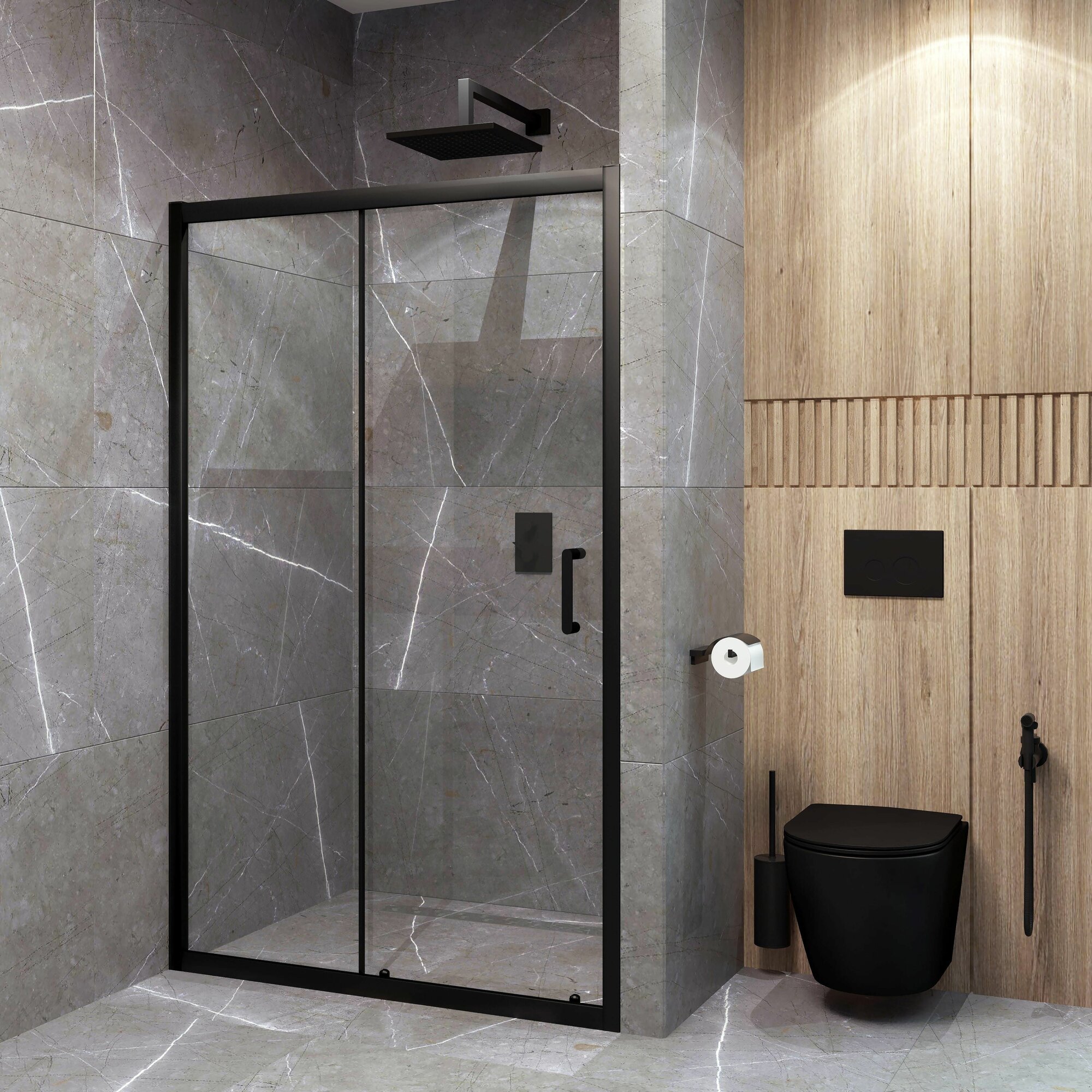 Душевое ограждение в проем EvaGold EG1B 110х190, профиль черный матовый, прозрачное стекло