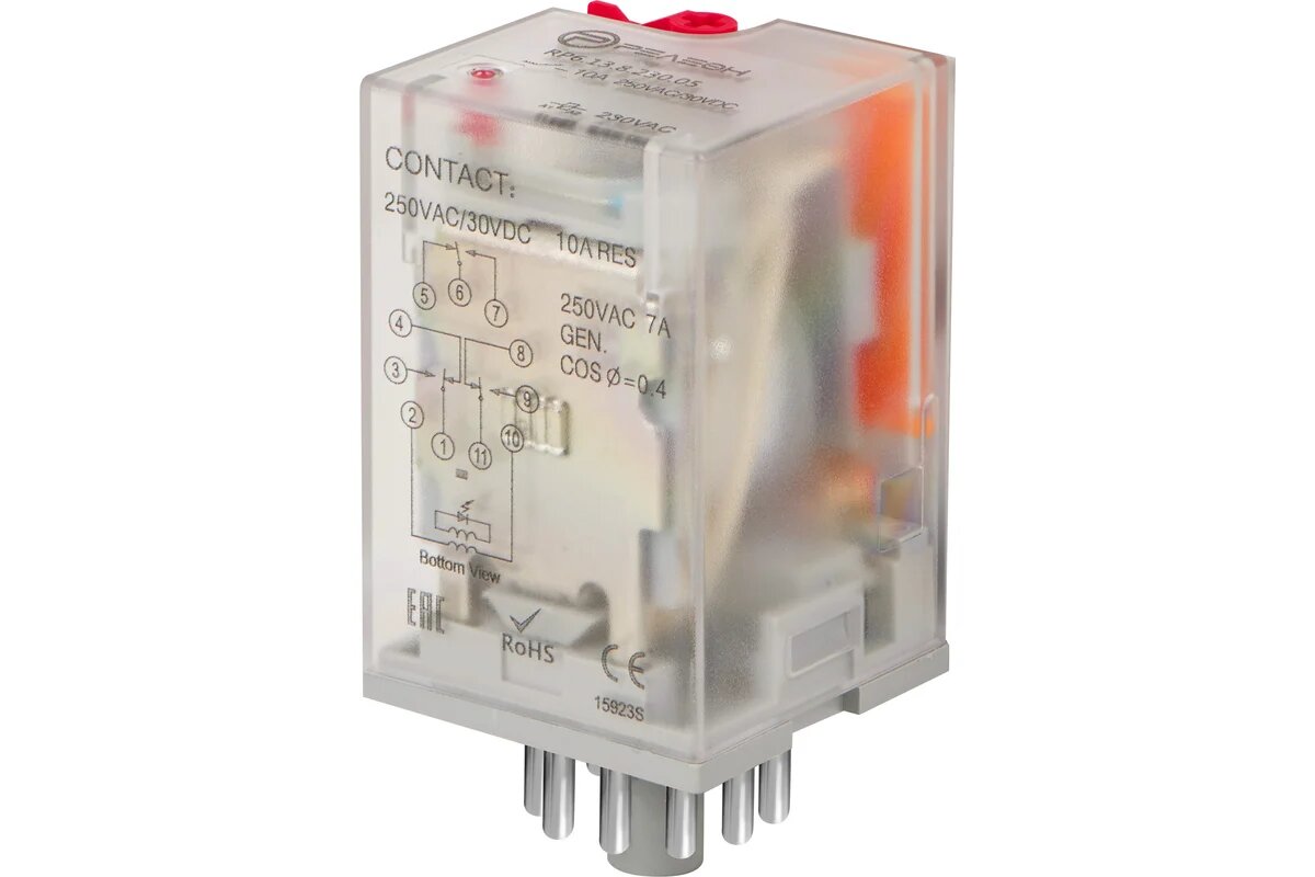 Релеон реле с 3 перекидными контактами 10A 230V AC, 11-штырьковый разъем RP613823005