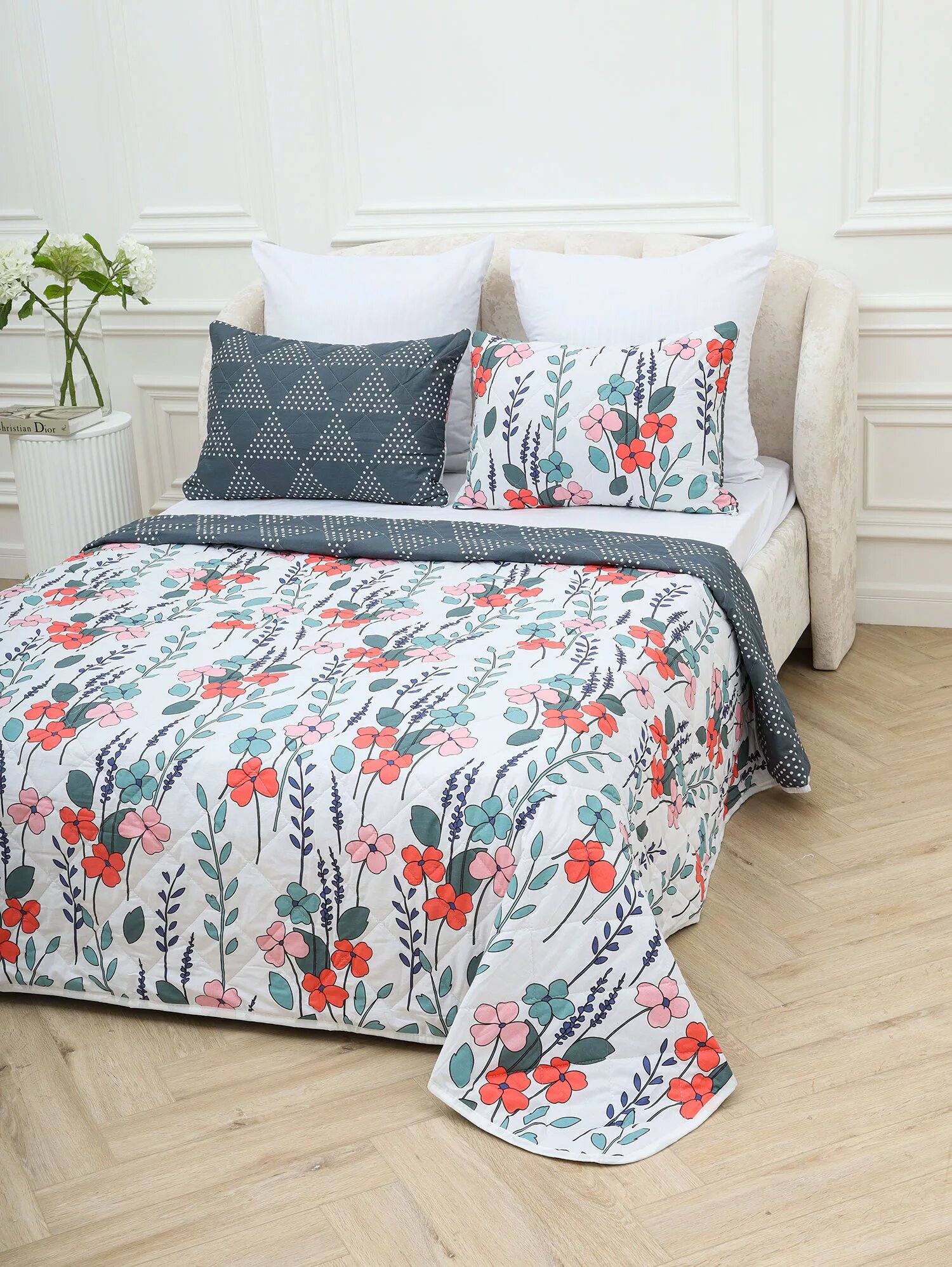 Двухстороннее покрывало из поплина PB-027 Elintale (кремовый-зеленый), 180x215