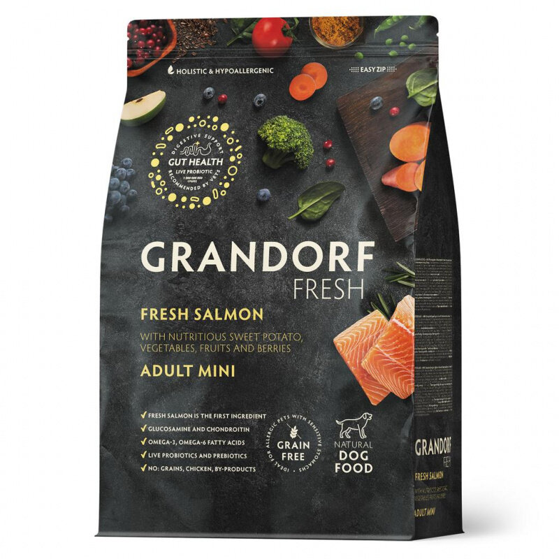 Сухой беззерновой корм Grandorf Fresh с живыми пробиотиками для собак мелких пород со свежим филе лосося и бататом, 1 кг