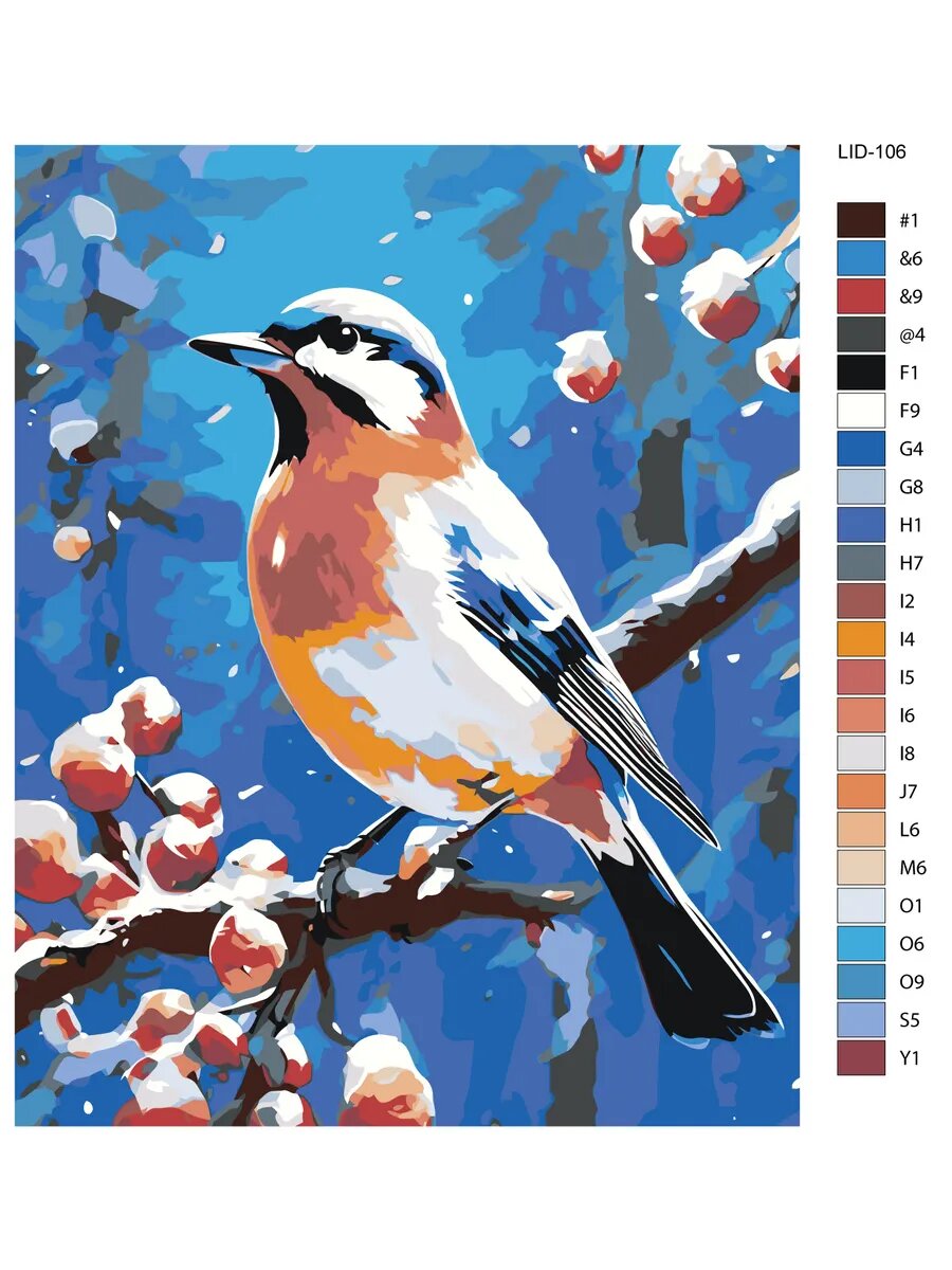 Картина по номерам,40 x 50, LID-106, птица на ветке, снегирь