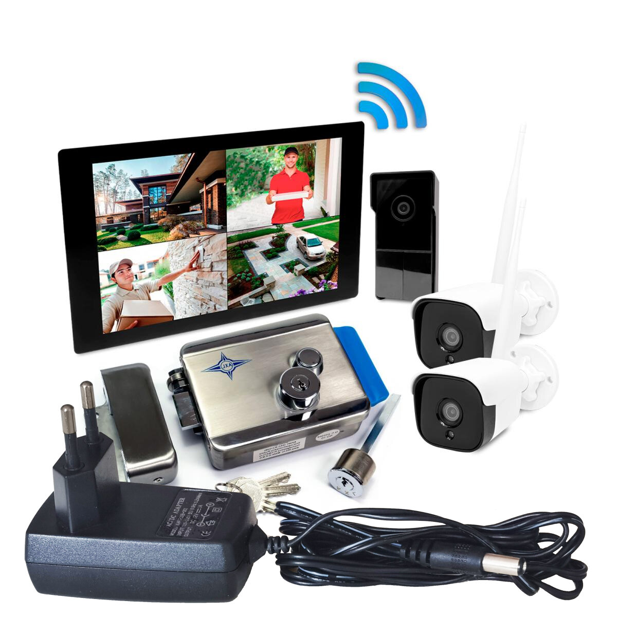 Цветной Wi-Fi домофон TUYA с замком и 2 камерами - SkyNet 1000 (1+2+AX091) (Y12572YKS): HD экран 10 дюймов, вызывная видеопанель, замок электромехан