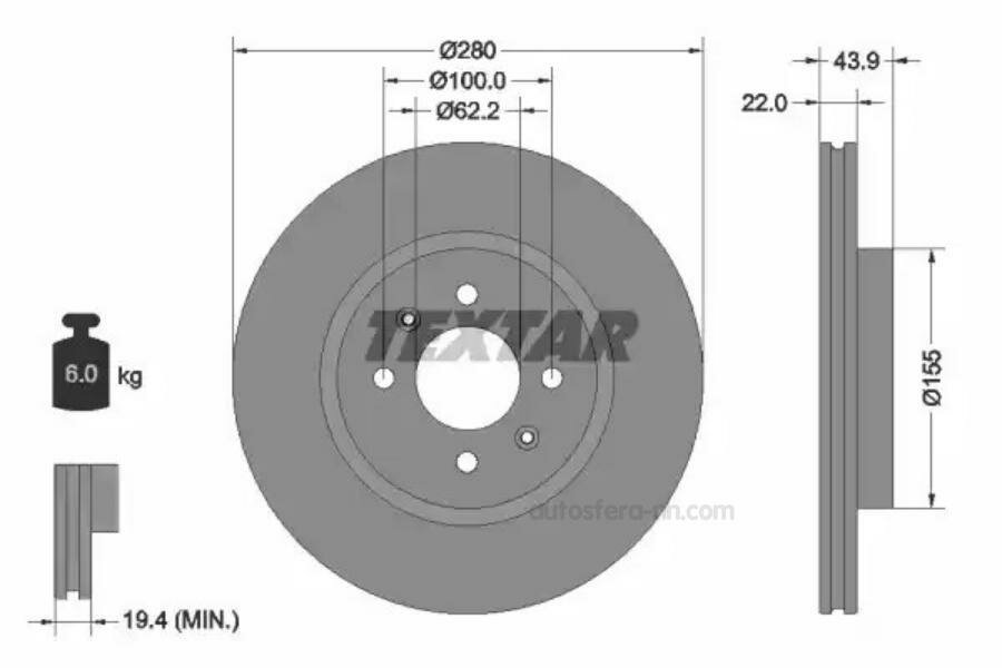 TEXTAR 92239303 Диск тормозной передний вентилируемый