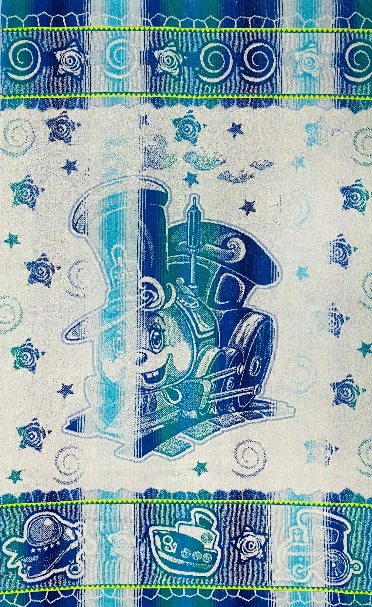 Полотенце махровое детское жаккардовое большое в подарок мальчику, сыну, внуку, крестнику Паровозик 100*160 см Голубое