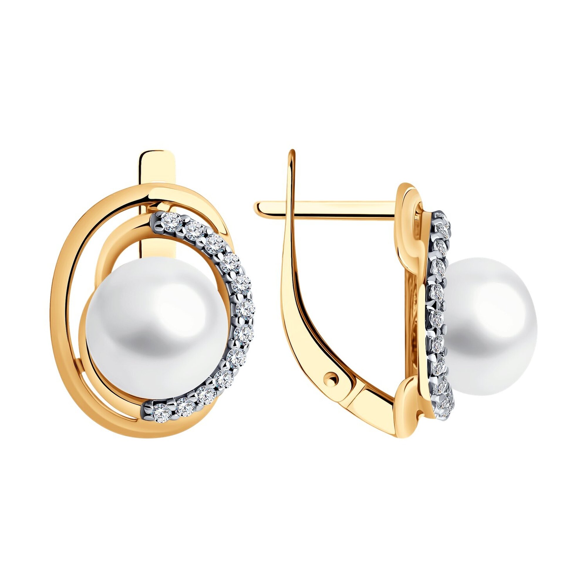 Серьги, серебро, 925 проба, золочение, фианит, жемчуг