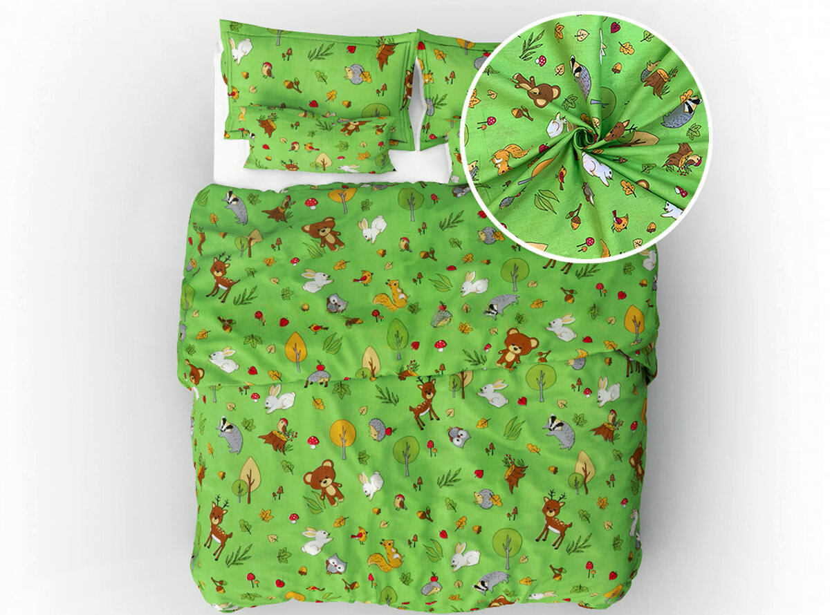 Детское постельное бельё бязь 1,5 спальное - М - ГОСТ 142 - Приятели Леса на зеленом с наволочками 50х70