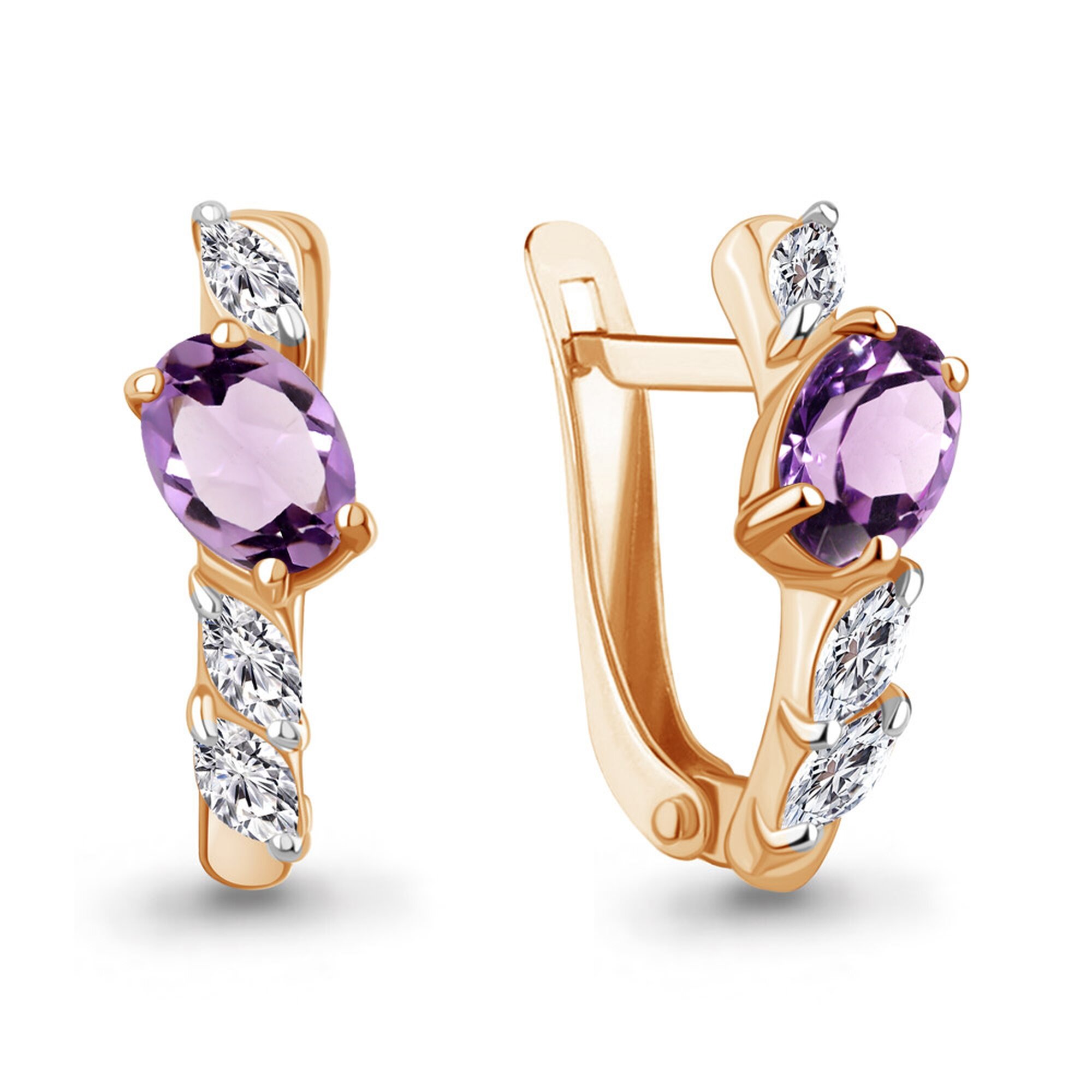 Серьги, серебро, 925 проба, золочение, аметист, фианит