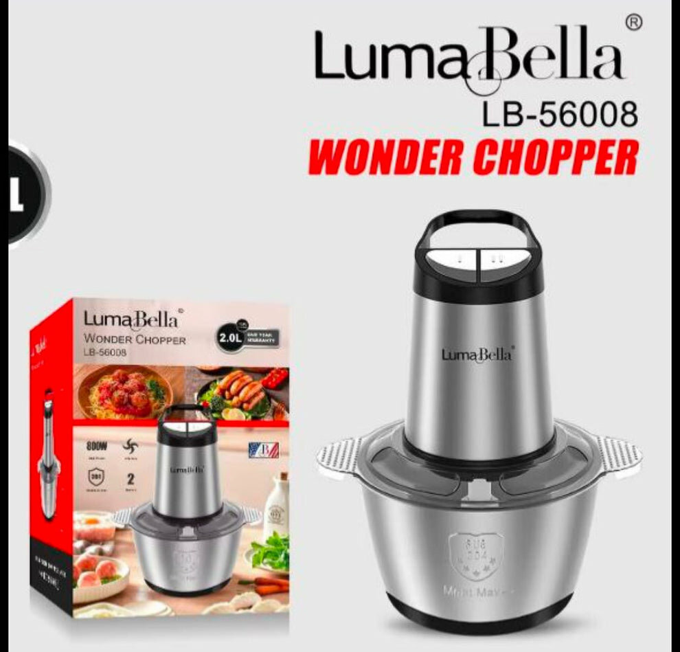 Измельчитель кухонный, мясорубка / кухонный измельчитель из нержавеющей стали, для овощей, фарша, кофе, орехов, портативный Luma Bella LB-56008, объем чаши 2 литра, мощность 800 Ватт, нержавеющая сталь, 4 ножа, 2 скорости,