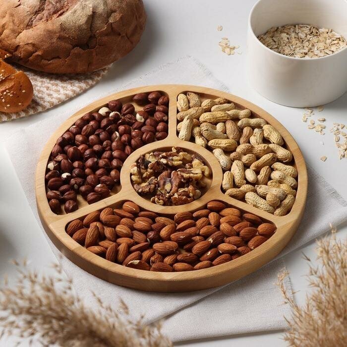 Менажница деревянная, круглая, 25 см, 4 секции, для сыра и снеков. Массив березы