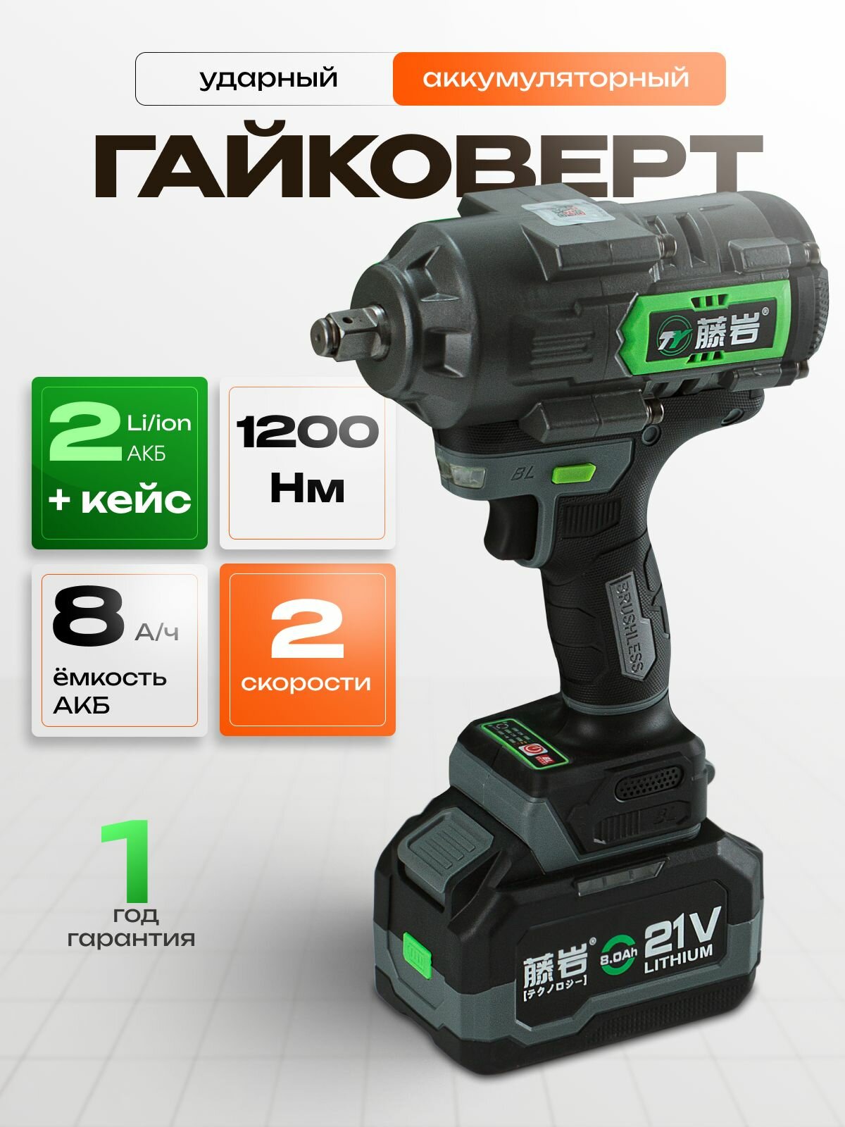 Аккумуляторный гайковерт TENYN, 1200Nm, 8Ah, 2Li-Ion, 3600об/мин, бесщёточный