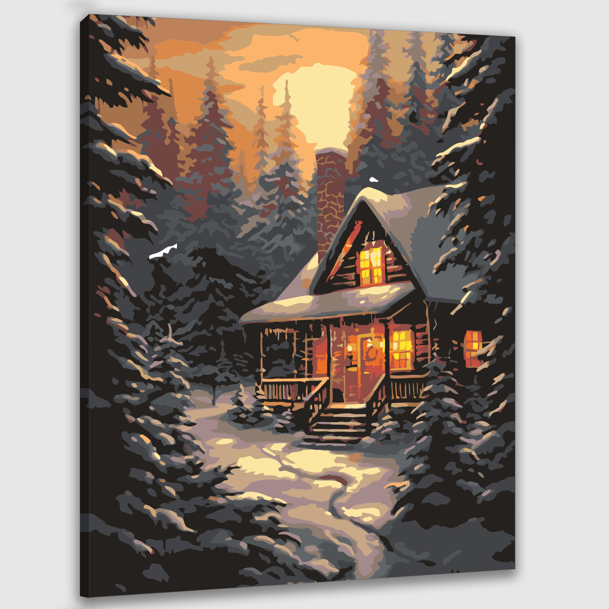 Картина по номерам 40x50 см, картина, масло, хижина, заснеженный лес, теплое сияние, снег, деревья, экстерьер, свет